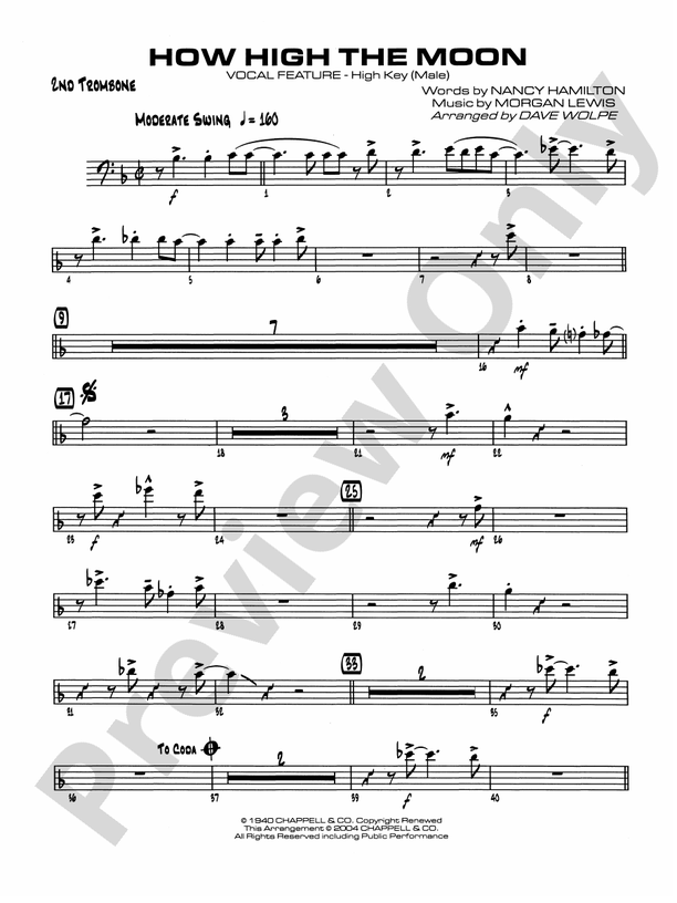 How High the Moon: 2nd Trombone: 2nd Trombone Part - Digital Sheet Music Download