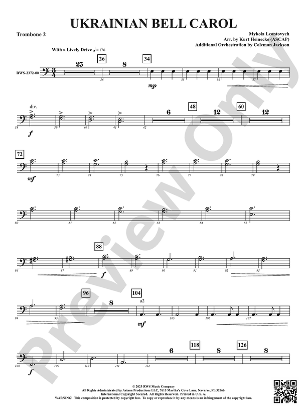 Ukrainian Bell Carol: 2nd Trombone: 2nd Trombone Part - Digital Sheet Music Download