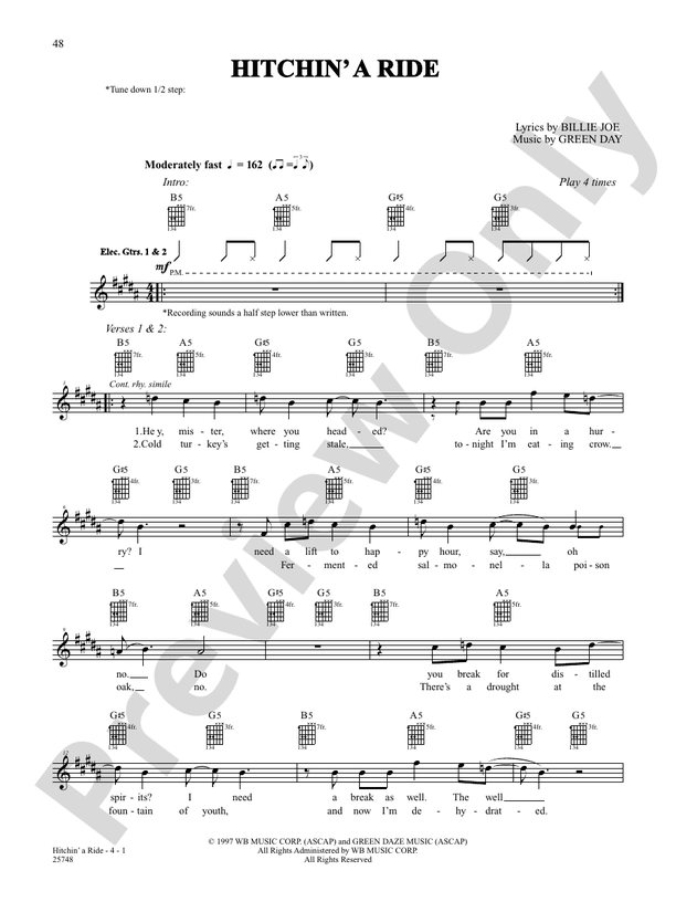 Hitchin' A Ride (Live Version): Guitar: Green Day - Digital Sheet Music ...
