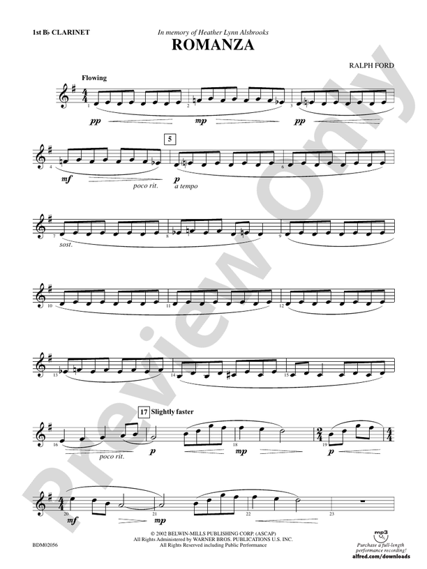 Romanza: 1st B-flat Clarinet: 1st B-flat Clarinet Part - Digital Sheet Music Download