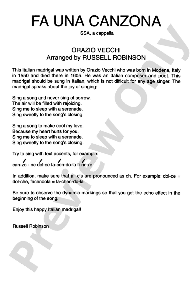 Fa Una Canzona (Sing Now a Song): SSA, a cappella Choral Octavo: Orazio ...