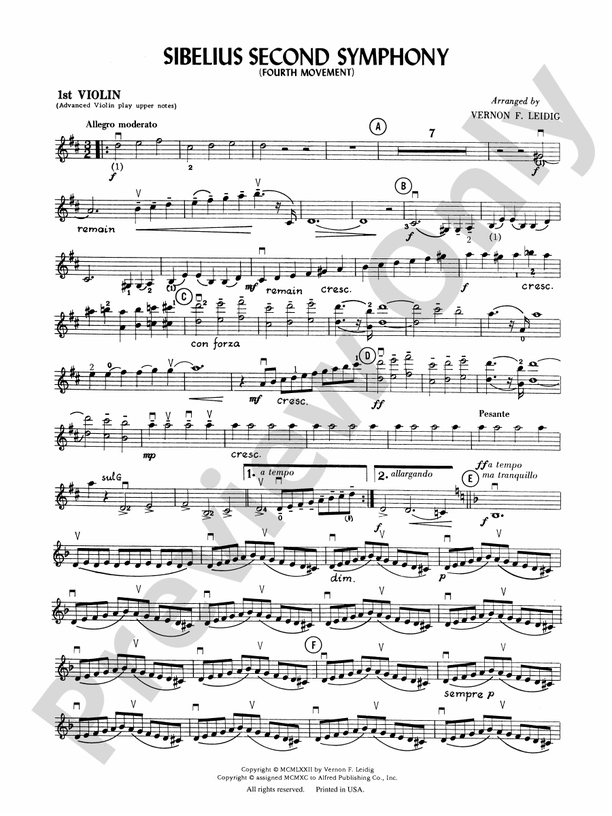 Sibelius's 2nd Symphony, 4th Movement: 1st Violin: 1st Violin Part - Digital Sheet Music Download