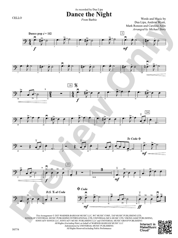Dance the Night: Cello: Cello Part - Digital Sheet Music Download