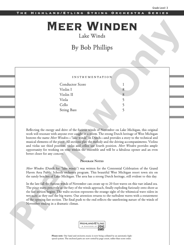 Meer Winden: String Orchestra Conductor Score & Parts: Bob Phillips ...