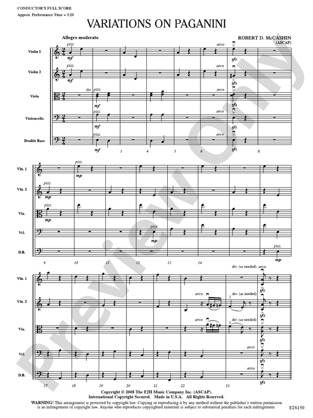 Variations on Paganini: Score: String Orchestra Score: Robert D ...