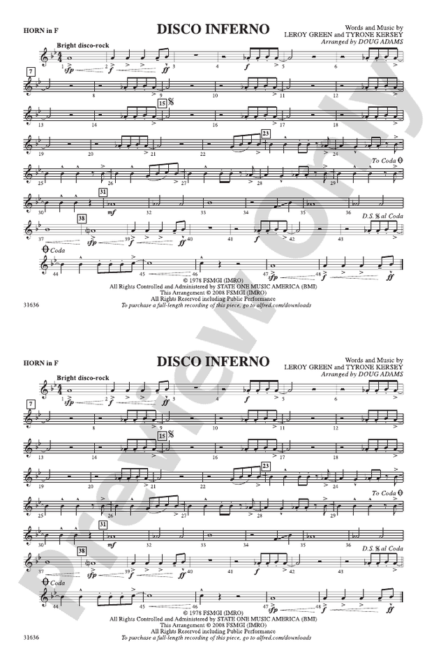 Disco Inferno: 1st F Horn: 1st F Horn Part - Digital Sheet Music Download