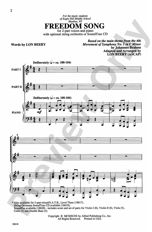 Freedom Song: 2-Part Choral Octavo: Johannes Brahms - Digital Sheet ...