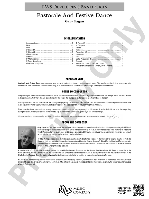 Pastorale And Festive Dance: Score: Concert Band Score: Gary Fagan - Digital Sheet Music Download