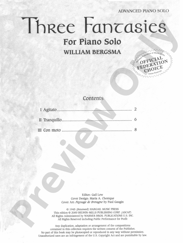 Three Fantasies - Piano Solo: Piano: William Bergsma - Digital Sheet ...