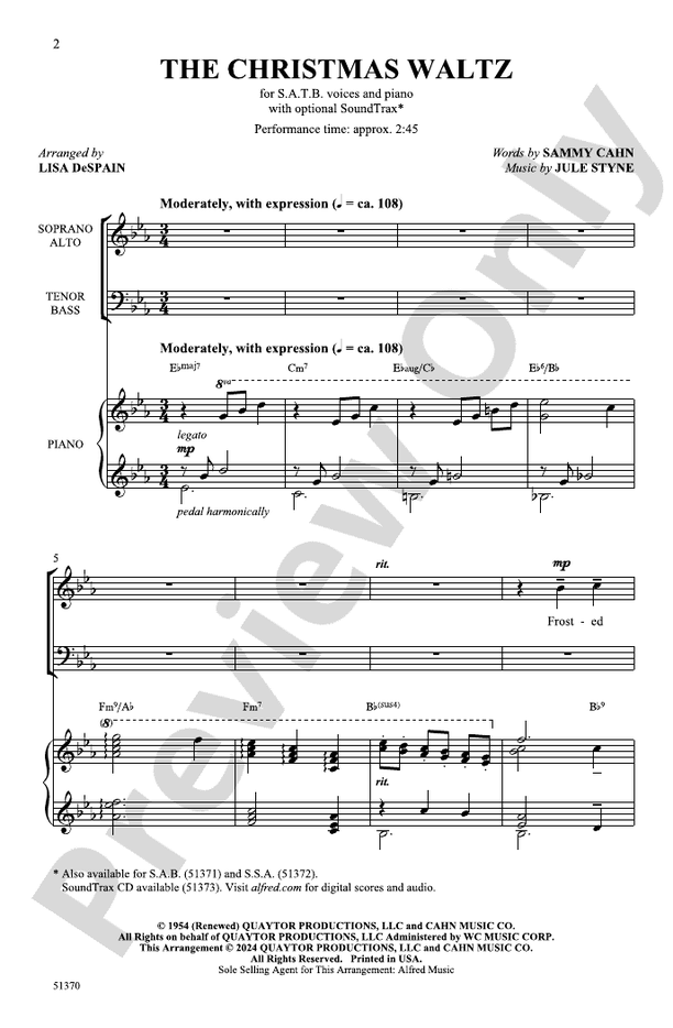 The Christmas Waltz: SATB Choral Octavo: Sammy Cahn - Digital Sheet ...