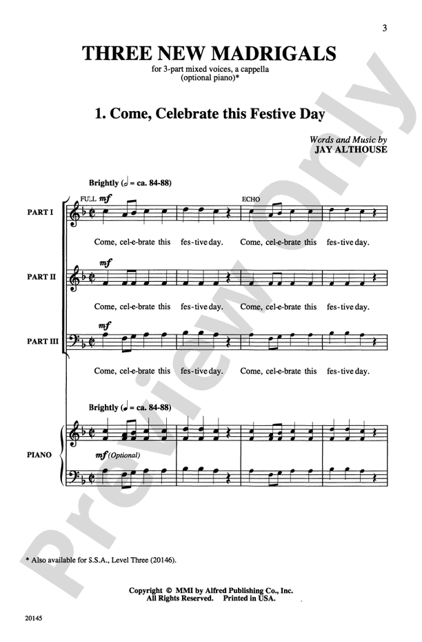 Three New Madrigals: 3-Part Mixed, a cappella Choral Octavo: Jay Althouse - Digital Sheet Music ...