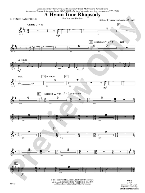 A Hymn Tune Rhapsody: B-flat Tenor Saxophone: B-flat Tenor Saxophone Part - Digital Sheet Music ...