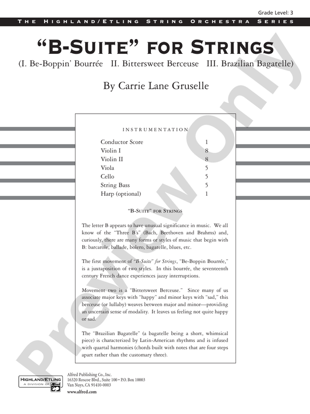 "B-Suite" for Strings: String Orchestra Conductor Score & Parts: Carrie ...