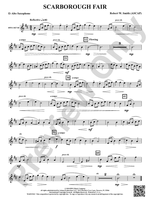 Scarborough Fair: 1st E-flat Alto Saxophone: 1st E-flat Alto Saxophone Part: Robert W. Smith ...