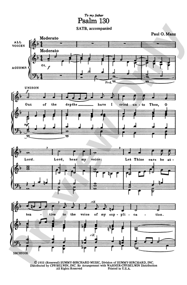 Psalm 130: SATB Choral Octavo: Paul O. Manz - Digital Sheet Music Download