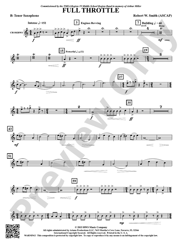 Full Throttle: B-flat Tenor Saxophone: B-flat Tenor Saxophone Part: Robert W. Smith - Digital ...