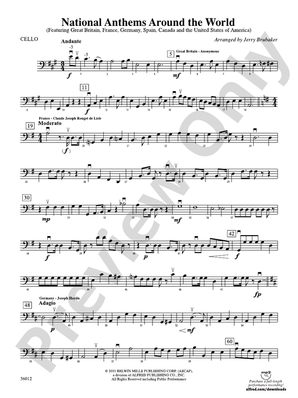 National Anthems Around the World: Cello: Cello Part - Digital Sheet ...