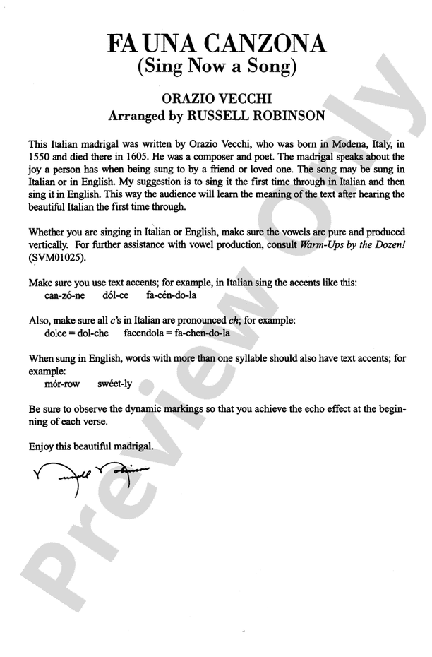 Fa Una Canzona (Sing Now a Song): SATB, a cappella Choral Octavo ...