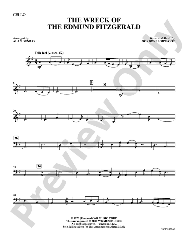The Wreck of the Edmund Fitzgerald: Cello: Cello Part - Digital Sheet ...