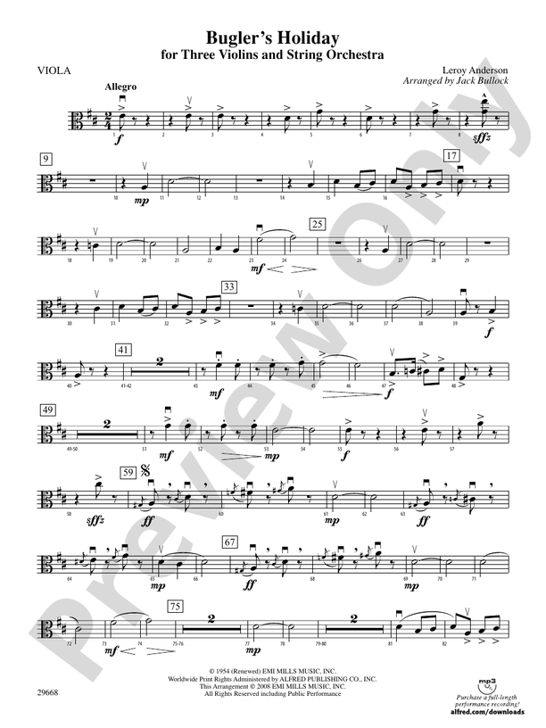 Bugler's Holiday for Three Violins and String Orchestra: Viola: Viola Part - Digital Sheet Music ...