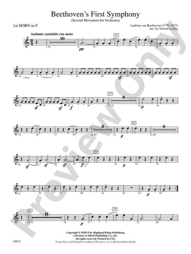 Beethoven's First Symphony, Second Movement: 1st F Horn: 1st F Horn Part - Digital Sheet Music ...