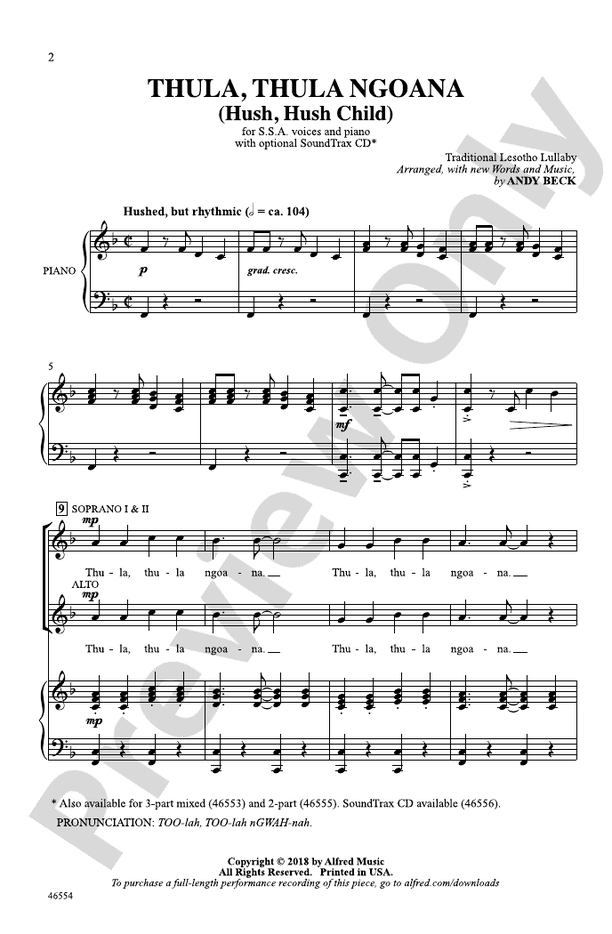 Thula, Thula Ngoana: SSA Choral Octavo: Andy Beck - Digital Sheet Music ...
