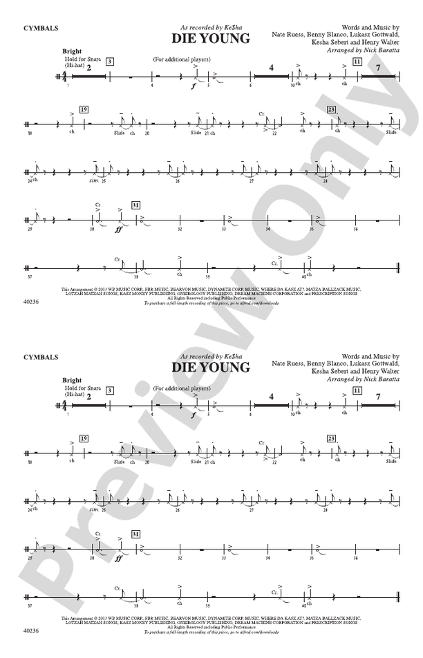 Die Young: Cymbals: Cymbals Part - Digital Sheet Music Download