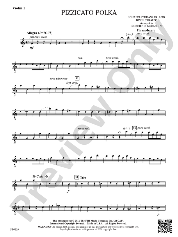 Pizzicato Polka: Violin 1: Violin 1 Part - Digital Sheet Music Download