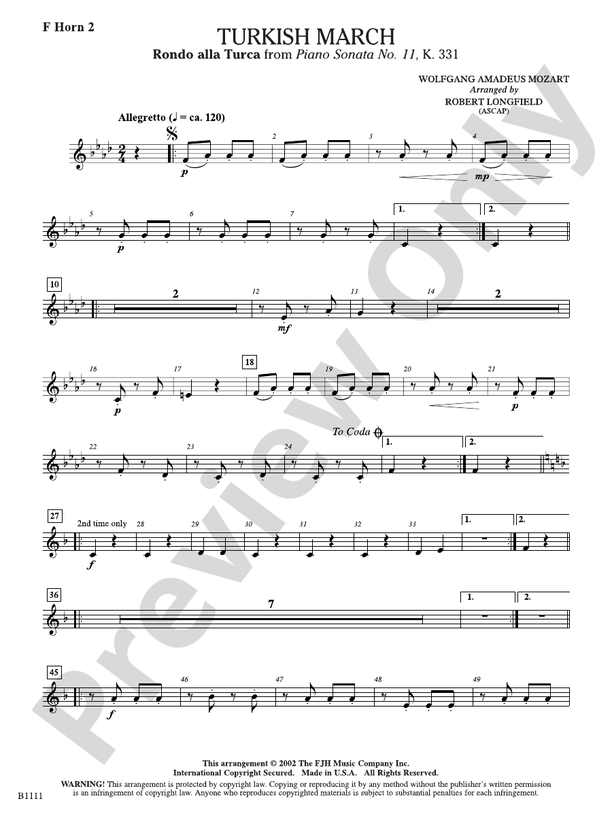 Turkish March (Rondo alla Turca): F Horn 2: F Horn 2 Part: Wolfgang ...