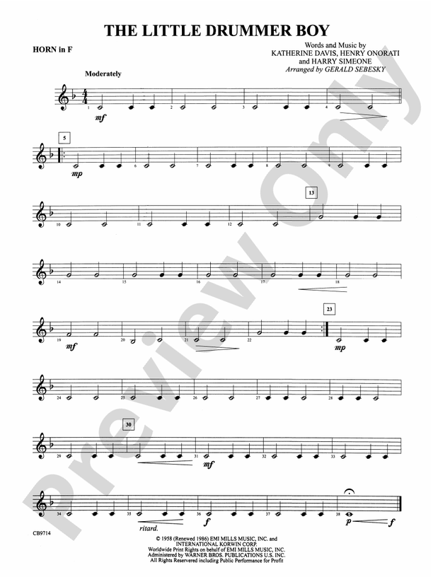 The Little Drummer Boy: 1st F Horn: 1st F Horn Part - Digital Sheet ...