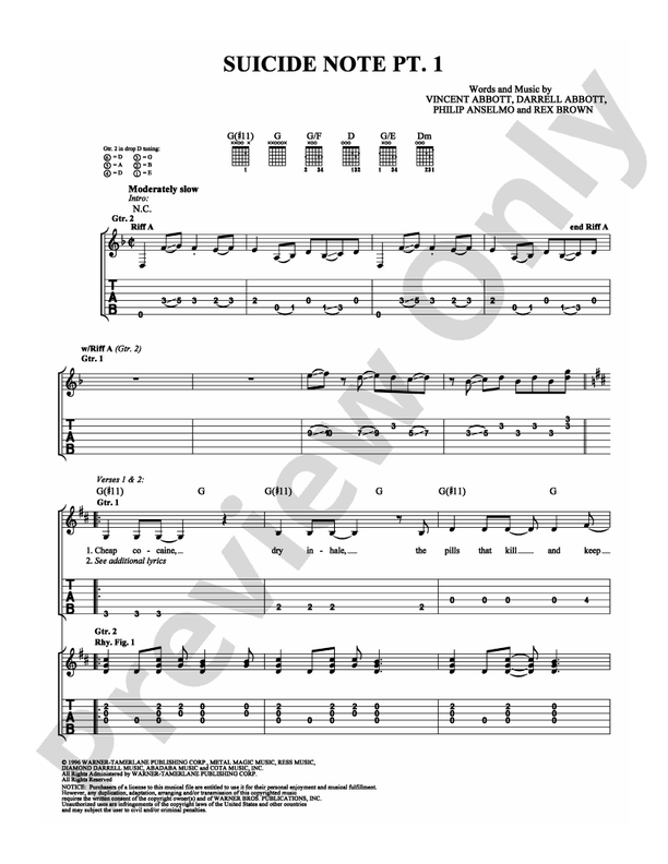 Suicide Note Pt. 1: Easy Guitar: Pantera - Digital Sheet Music Download