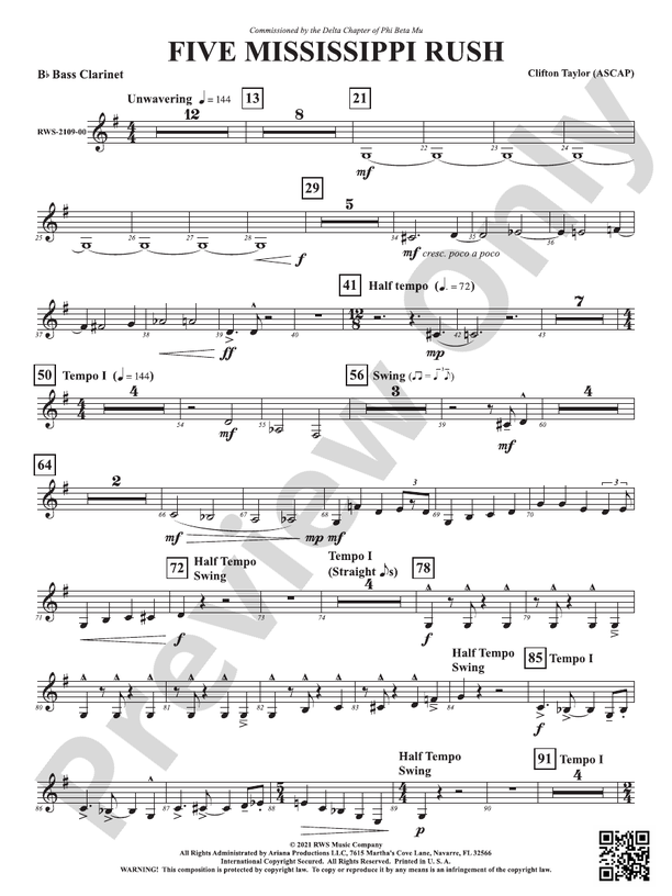 Five Mississippi Rush: B-flat Bass Clarinet: B-flat Bass Clarinet Part ...