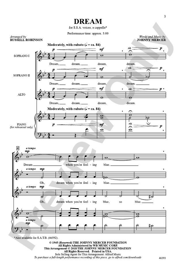 Dream: SSA, a cappella Choral Octavo: Johnny Mercer - Digital Sheet ...