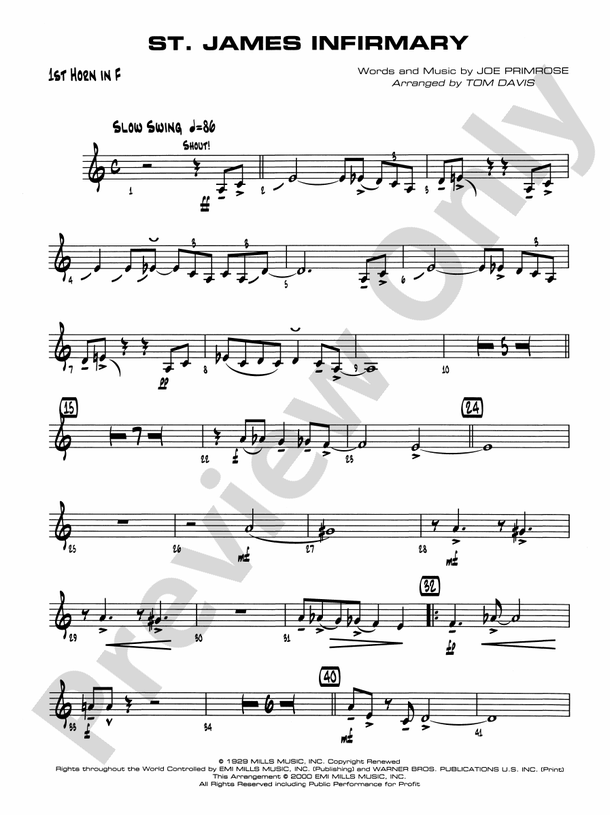 St. James Infirmary: 1st F Horn: 1st F Horn Part - Digital Sheet Music Download