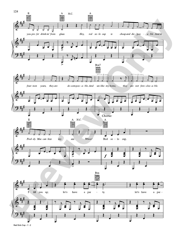 Red Solo Cup: Piano/Vocal/Guitar: Toby Keith - Digital Sheet Music Download