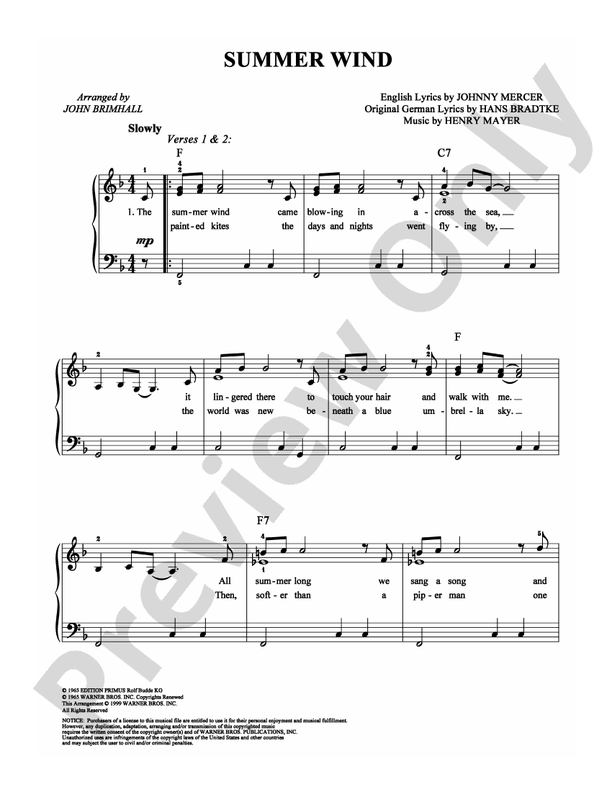 Summer Wind: Easy Piano: Frank Sinatra - Digital Sheet Music Download
