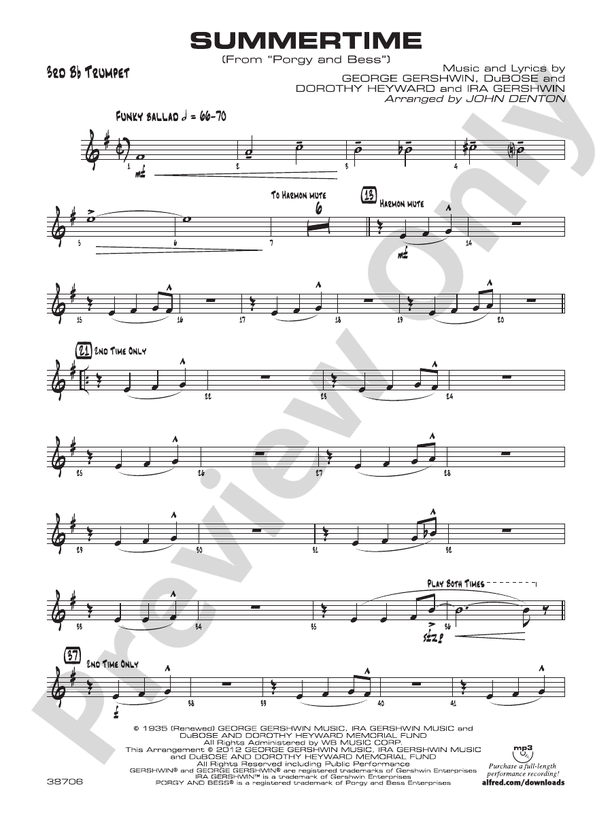 Summertime: 3rd B-flat Trumpet: 3rd B-flat Trumpet Part - Digital Sheet Music Download