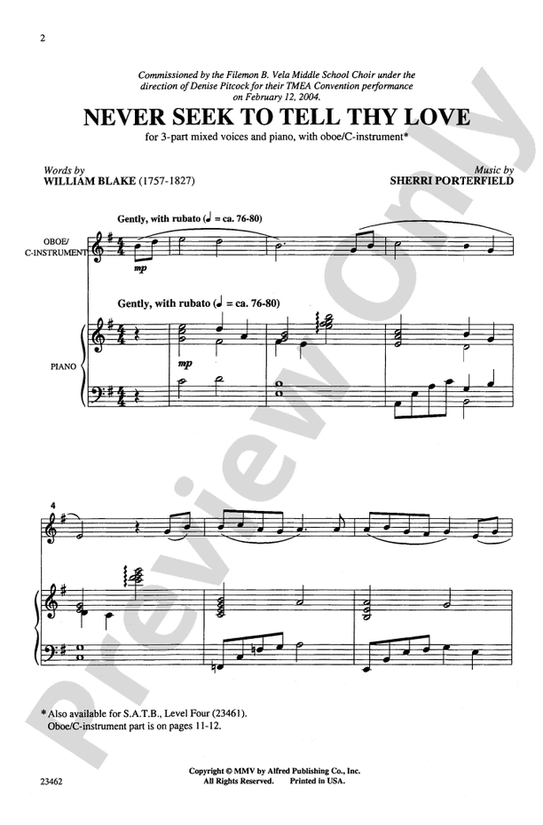 Never Seek to Tell Thy Love: 3-Part Mixed Choral Octavo: Sherri ...