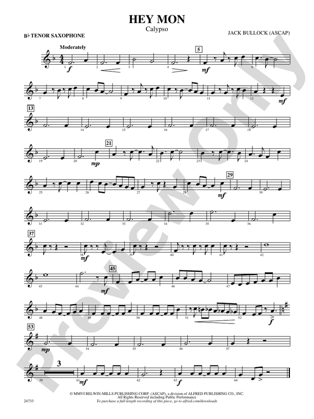 Hey Mon (Calypso): B-flat Tenor Saxophone: B-flat Tenor Saxophone Part ...