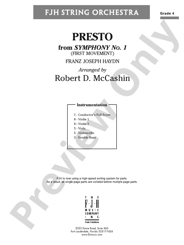 Presto from Symphony No. 1 (First Movement): String Orchestra Conductor Score & Parts: Franz ...