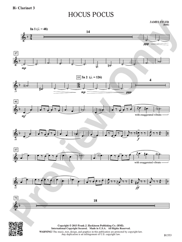 Hocus Pocus: B-flat Clarinet 3: B-flat Clarinet 3 Part: James Syler ...