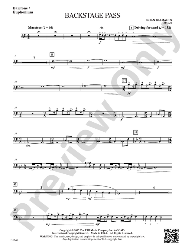 Backstage Pass: Baritone / Euphonium: Baritone / Euphonium Part: Brian Balmages - Digital Sheet ...