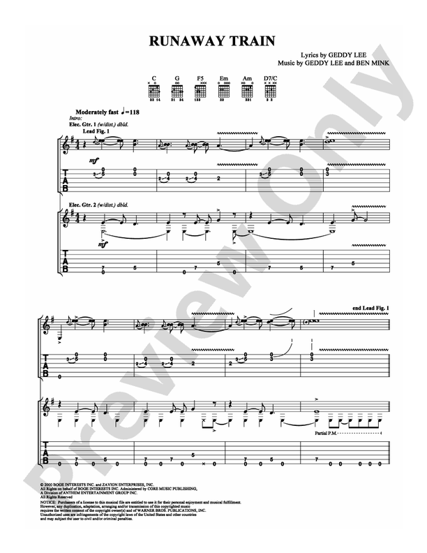 Runaway Train: Guitar TAB: Geddy Lee - Digital Sheet Music Download