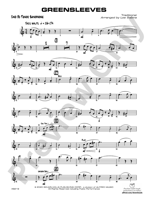 Greensleeves 2nd B Flat Tenor Saxophone 2nd B Flat Tenor Saxophone