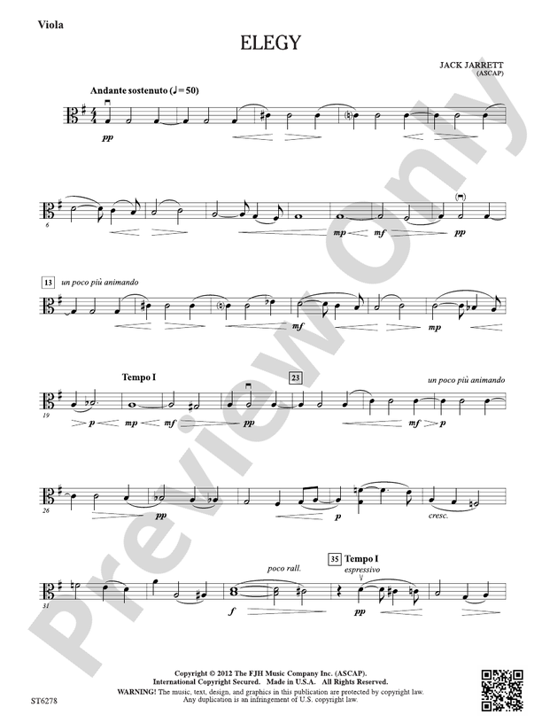 Elegy: Viola: Viola Part: Jack Jarrett - Digital Sheet Music Download