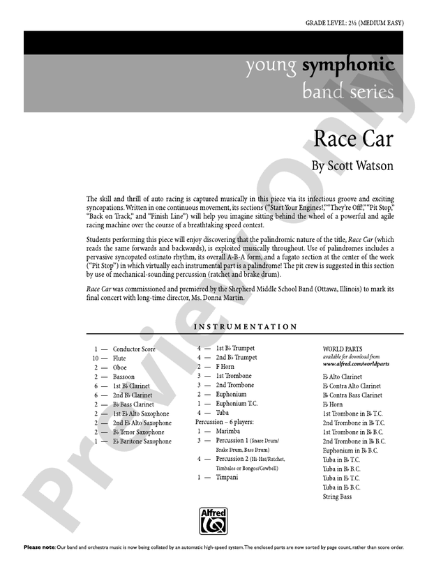 Race Car: Score: Concert Band Score - Digital Sheet Music Download