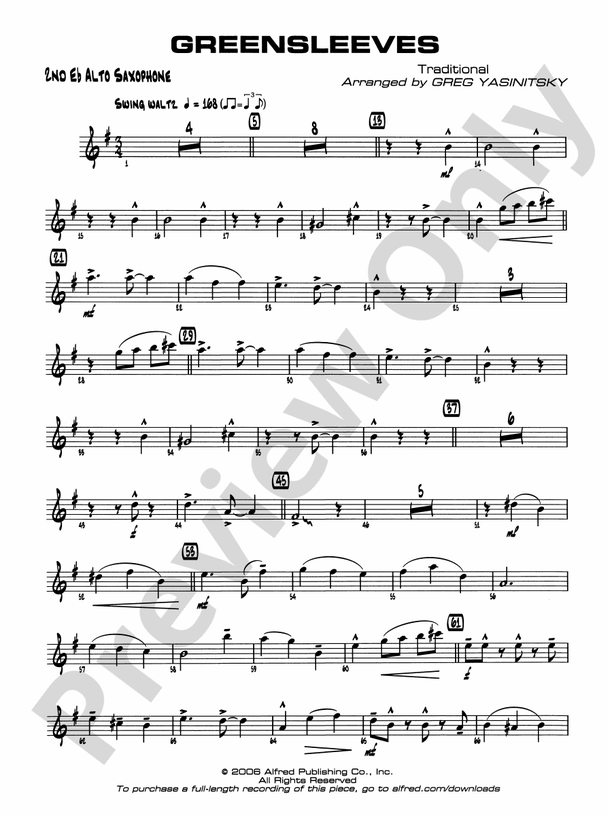 Greensleeves: 2nd E-flat Alto Saxophone: 2nd E-flat Alto Saxophone Part - Digital Sheet Music ...