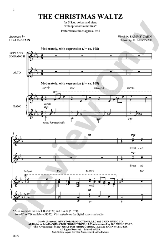 The Christmas Waltz: SSA Choral Octavo: Sammy Cahn - Digital Sheet ...