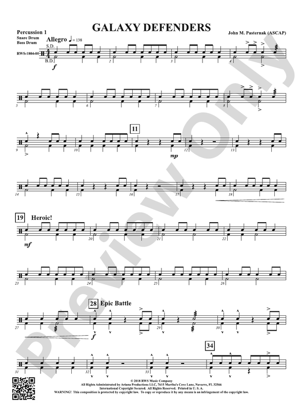 Galaxy Defenders: 1st Percussion: 1st Percussion Part: John M. Pasternak - Digital Sheet Music ...