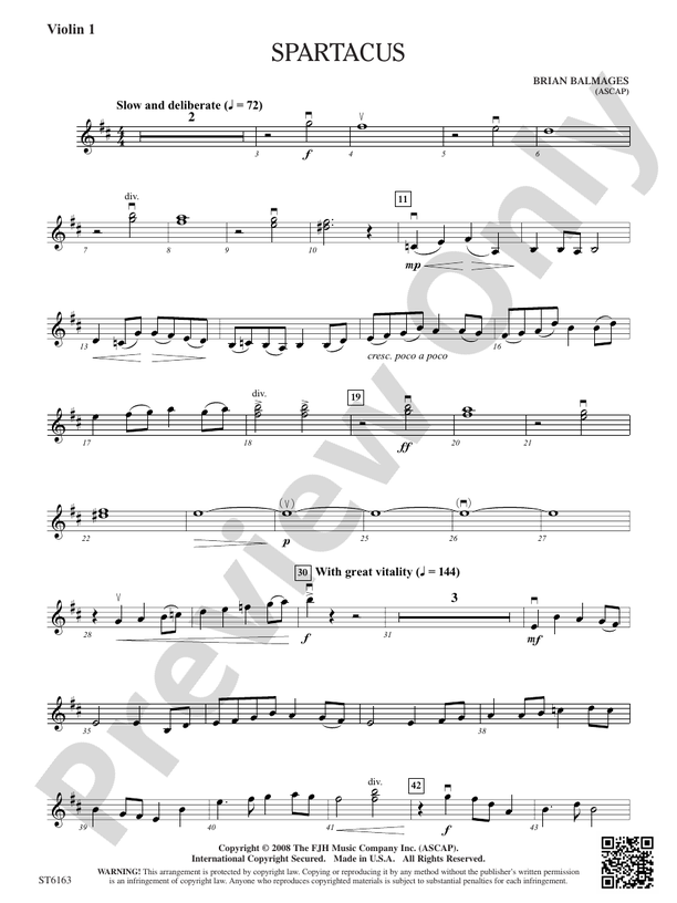 Spartacus: Violin 1: Violin 1 Part: Brian Balmages - Digital Sheet ...